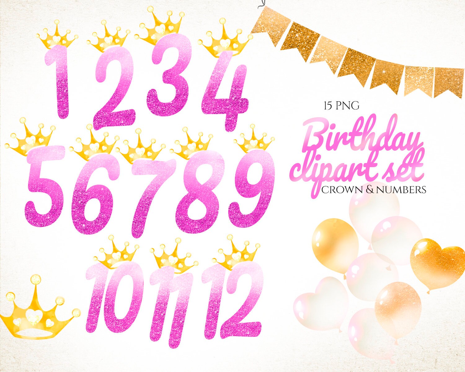 Crown Numbers Clipart Pink Princess Number Glitter Digital | Etsy