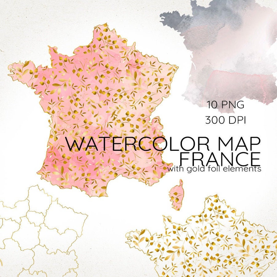 France Map, Watercolor France, Map Clipart, Gold Foil France Map ...