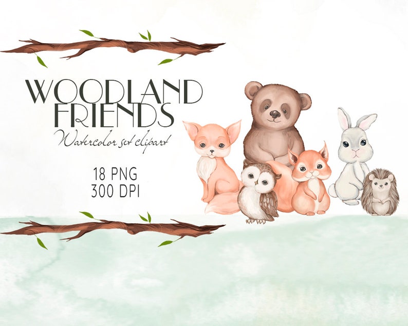 Woodland Animals Clip Art Watercolor Little Animals Forest | Etsy