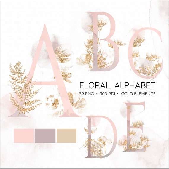 Watercolor Floral Alphabet with Gold Foil Leaves Letters | Etsy