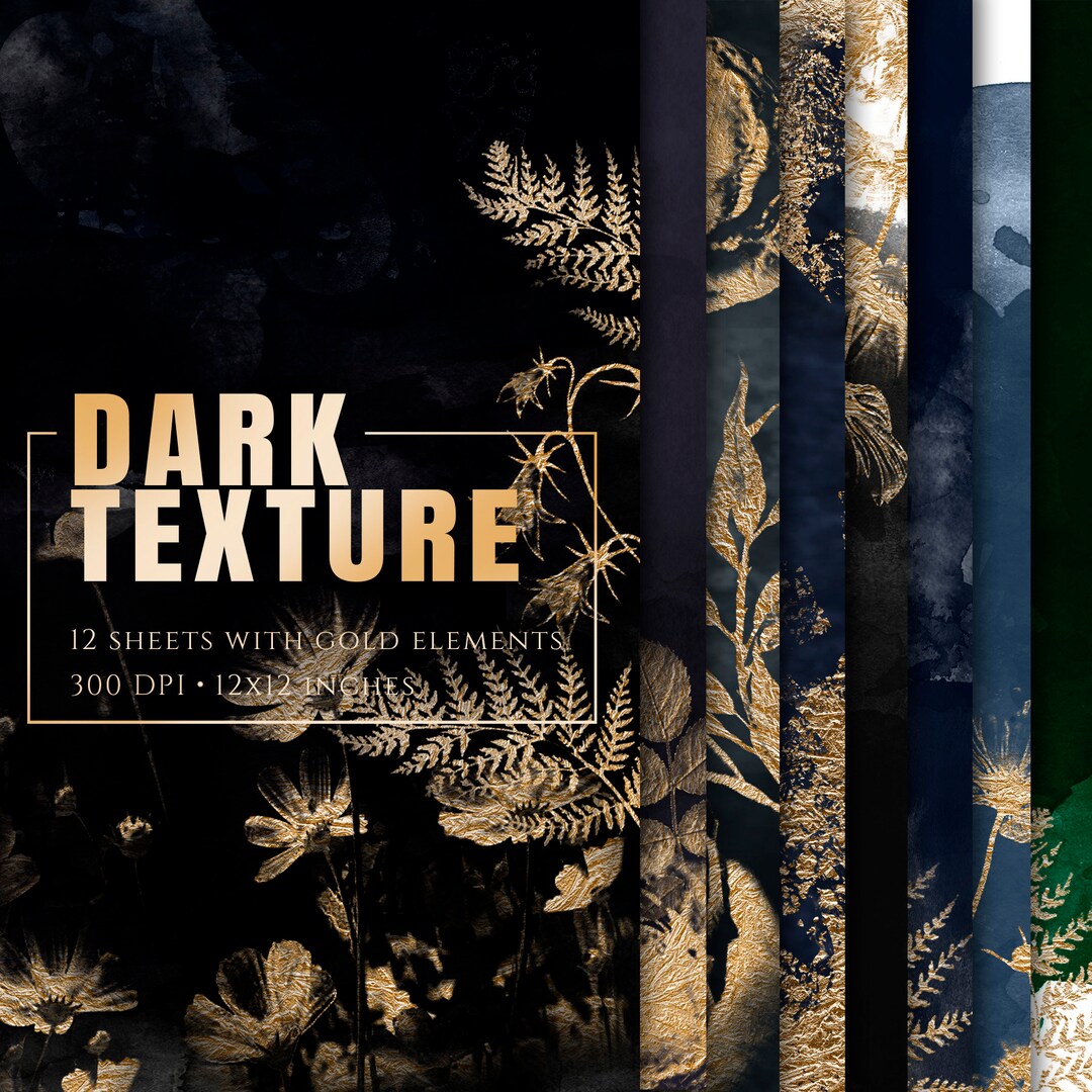 Black Floral Digital Paper, Gold Foil Flowers, Black Watercolor Paper ...