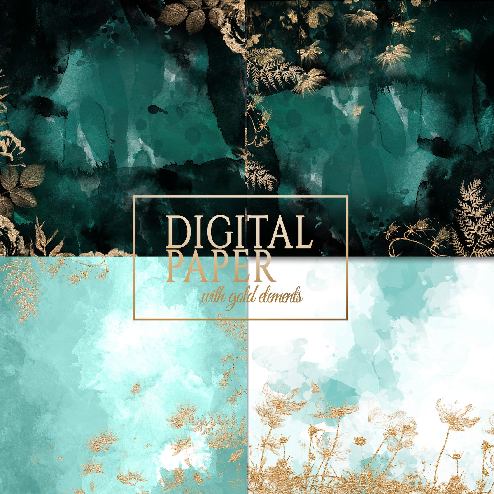 Emerald Digital Paper Set Gold Foil Flowers Deep Green - Etsy