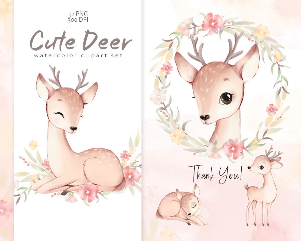 Watercolor Deer Clipart Woodland Deer Baby Animals Clipart - Etsy