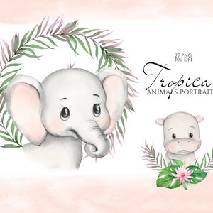Watercolor Tropical Animals Clipart, Jungle Baby Elephant, Cute Panda ...