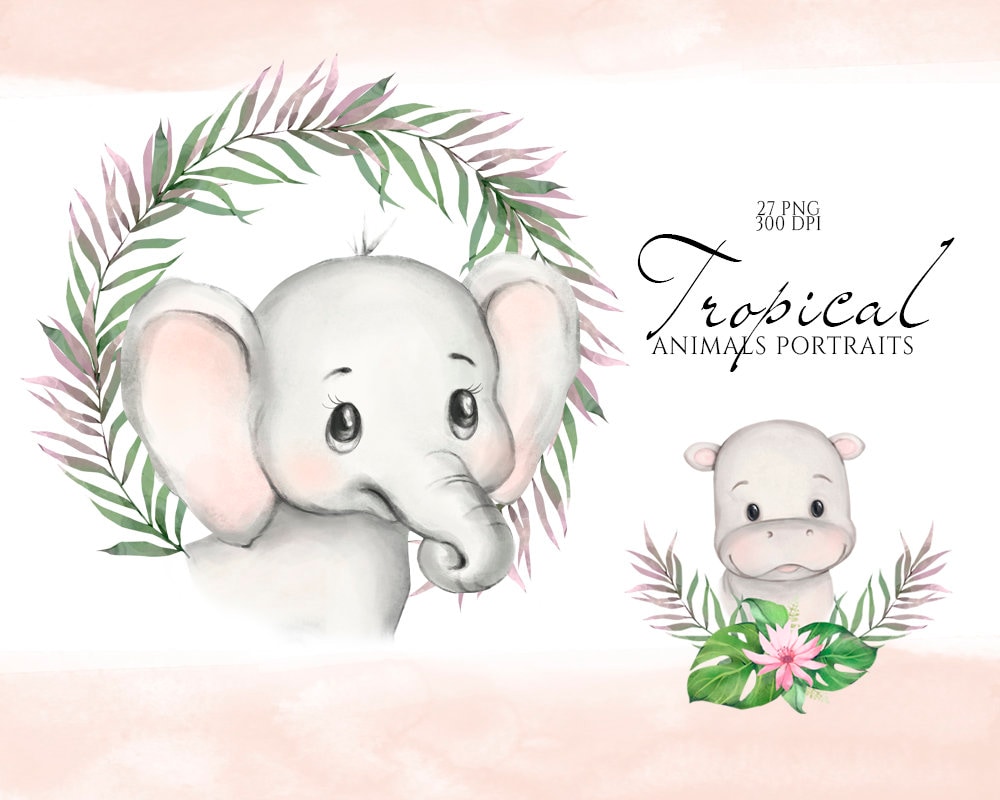 Watercolor Tropical Animals Clipart Jungle Baby Elephant - Etsy