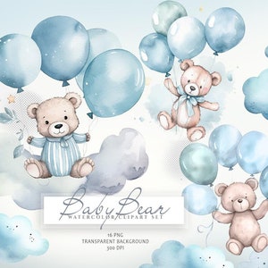 Watercolor Teddy Bear Clipart, Newborn Baby, Nursery Clipart, Baby ...
