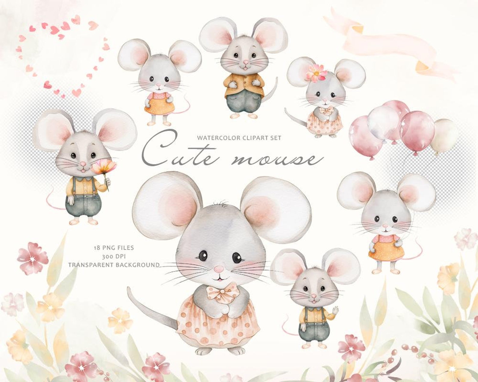 Watercolor Mouse Clipart, Newborn Baby, Nursery Clipart, Cute Mother ...