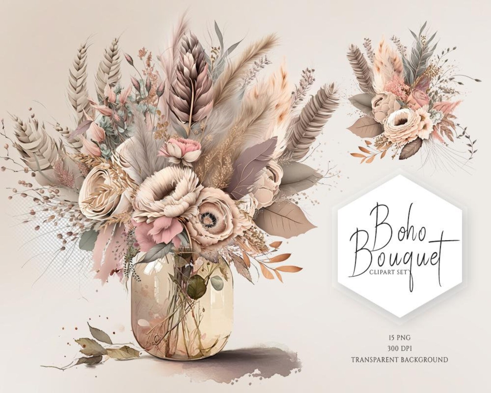 Boho Flowers Clipart, Rustic Flowers, Watercolor Floral Clipart, Boho ...