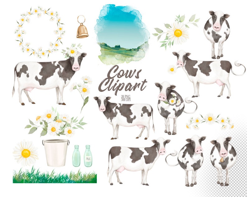 Watercolor Cow Clipart: Farm Animal PNG Graphics (digital Download) - Etsy