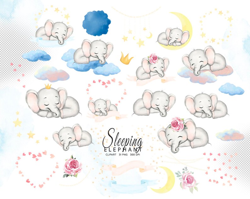 Sleeping Elephant Clipart Baby Animals Watercolor Elephant | Etsy