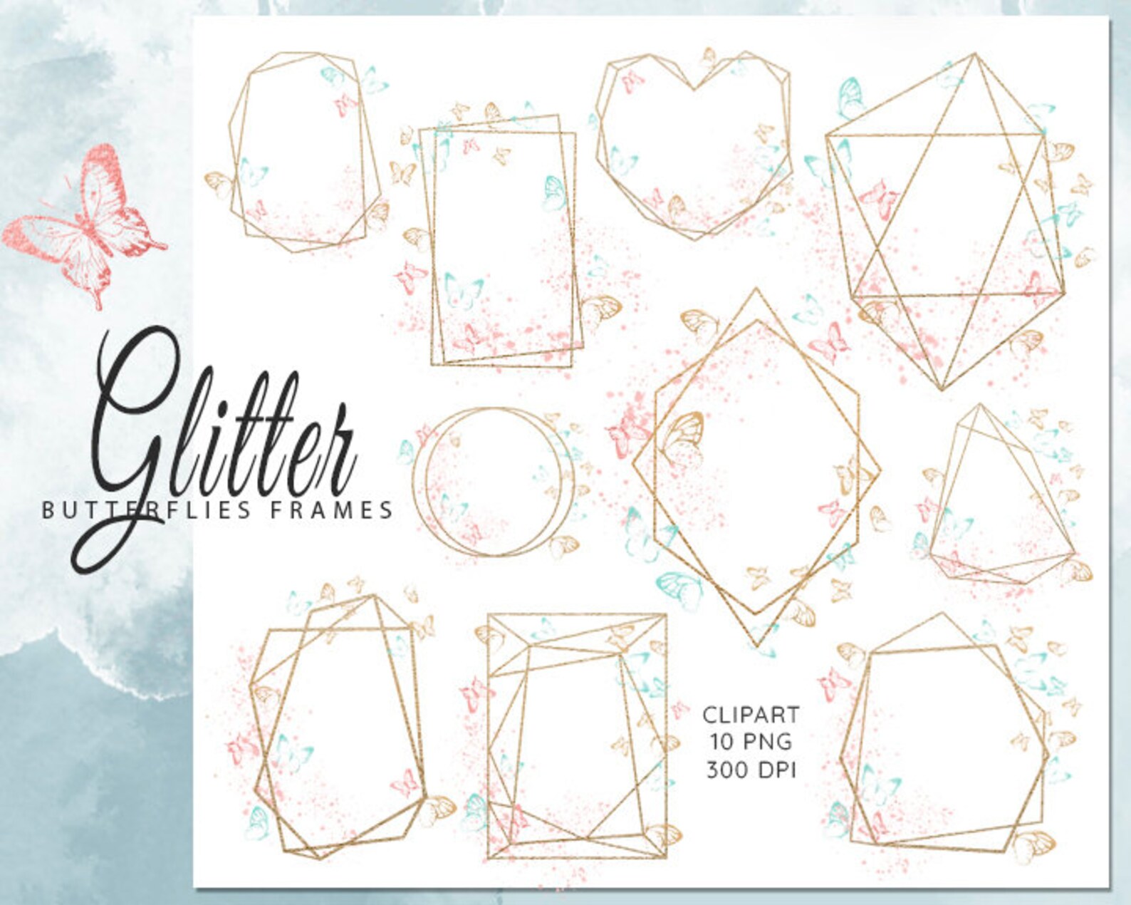 Gold Polygonal Frames With Butterflies Clipart Glitter - Etsy