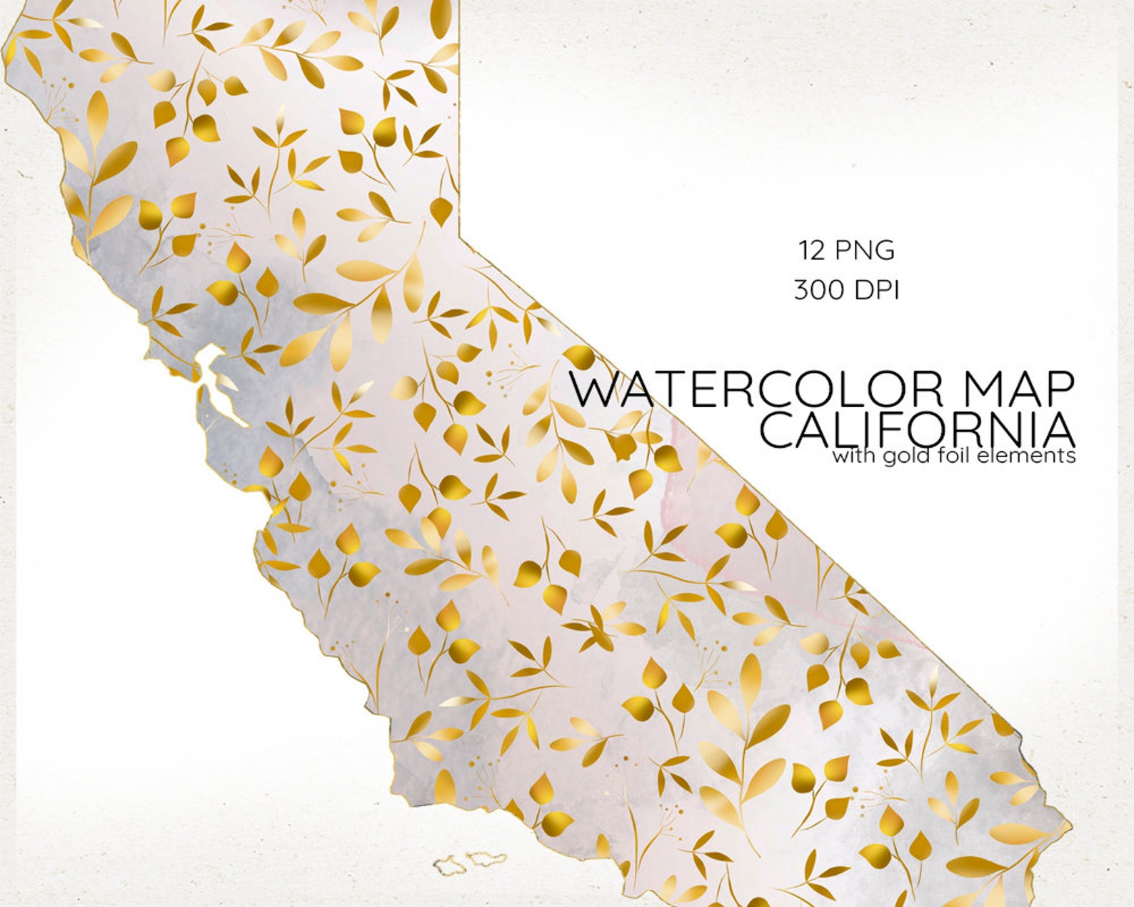 Watercolor California Map Clipart California Map With Gold - Etsy