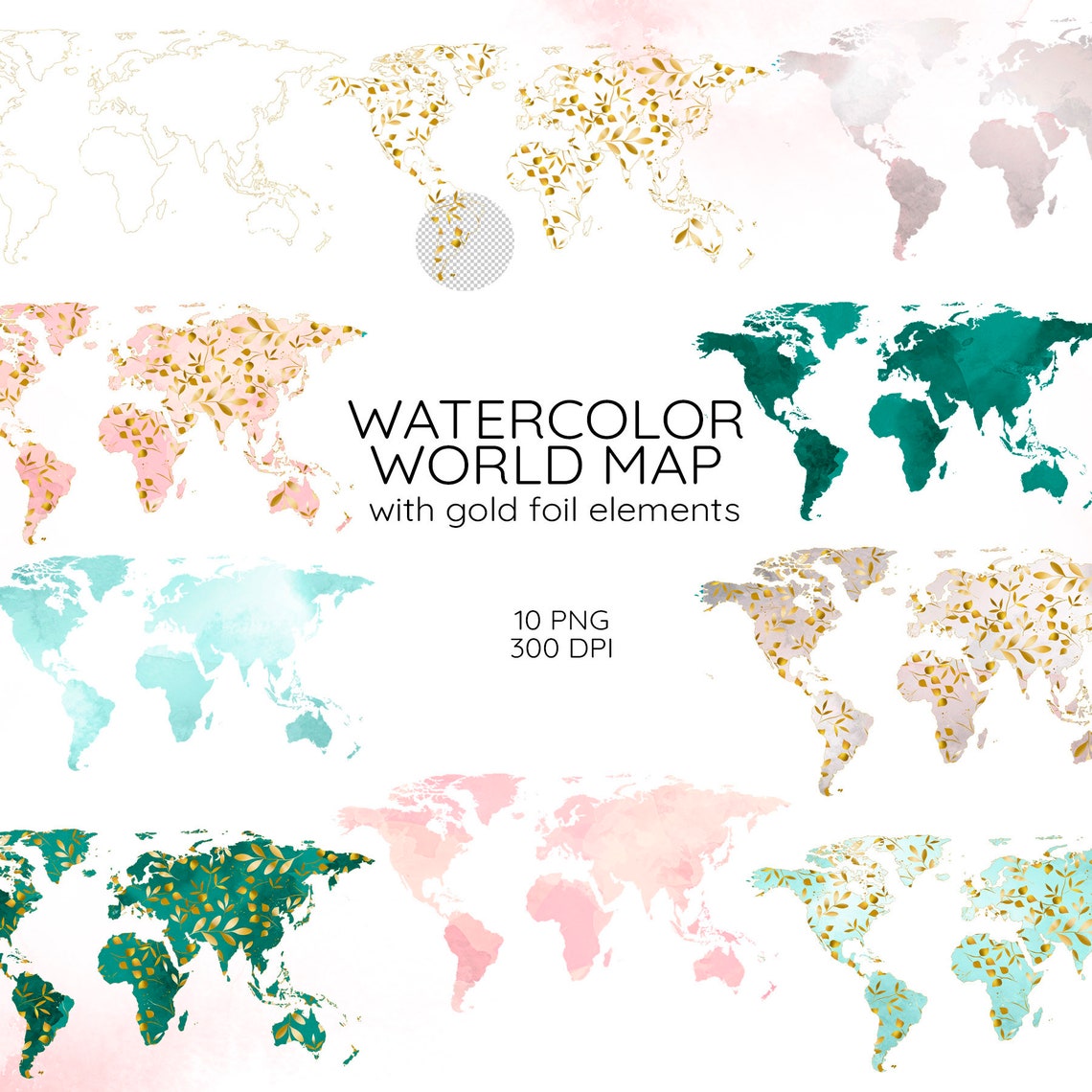 Watercolor World Map Clipart World Map With Gold Foil Leaves - Etsy Canada