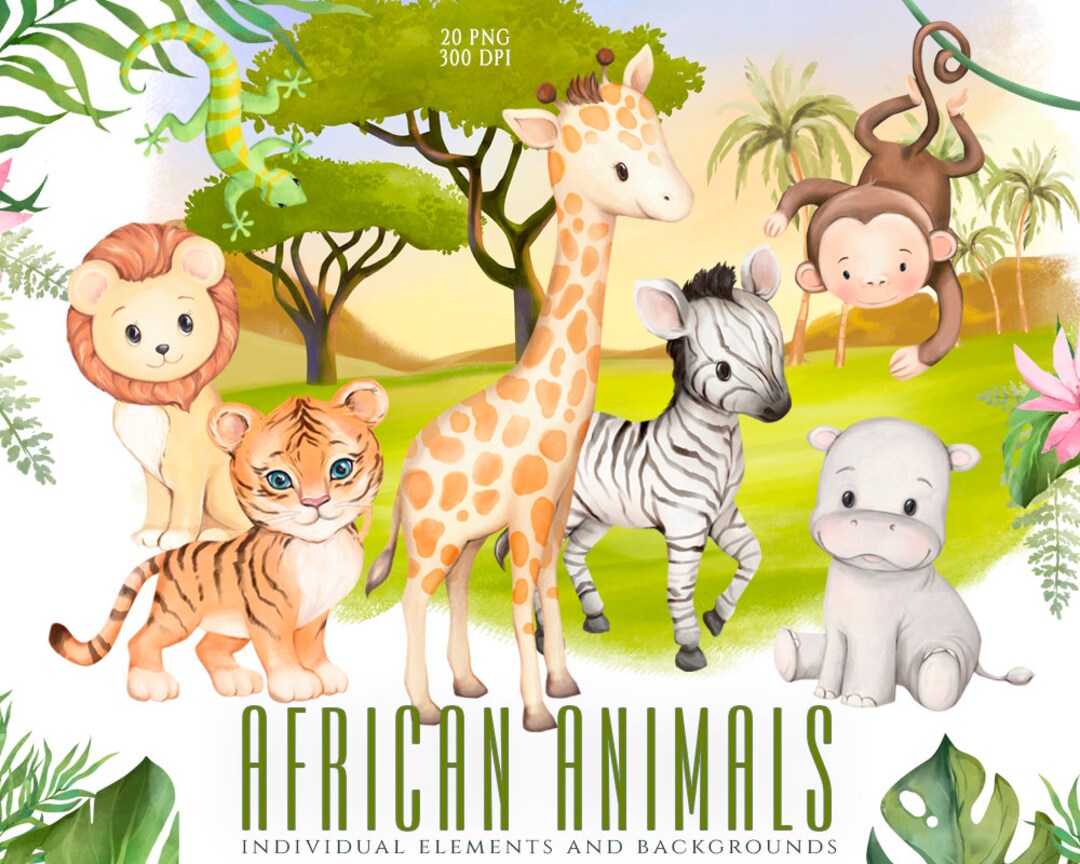 Watercolor African Animals Clipart, Safari Baby Lion, Cute Giraffe ...