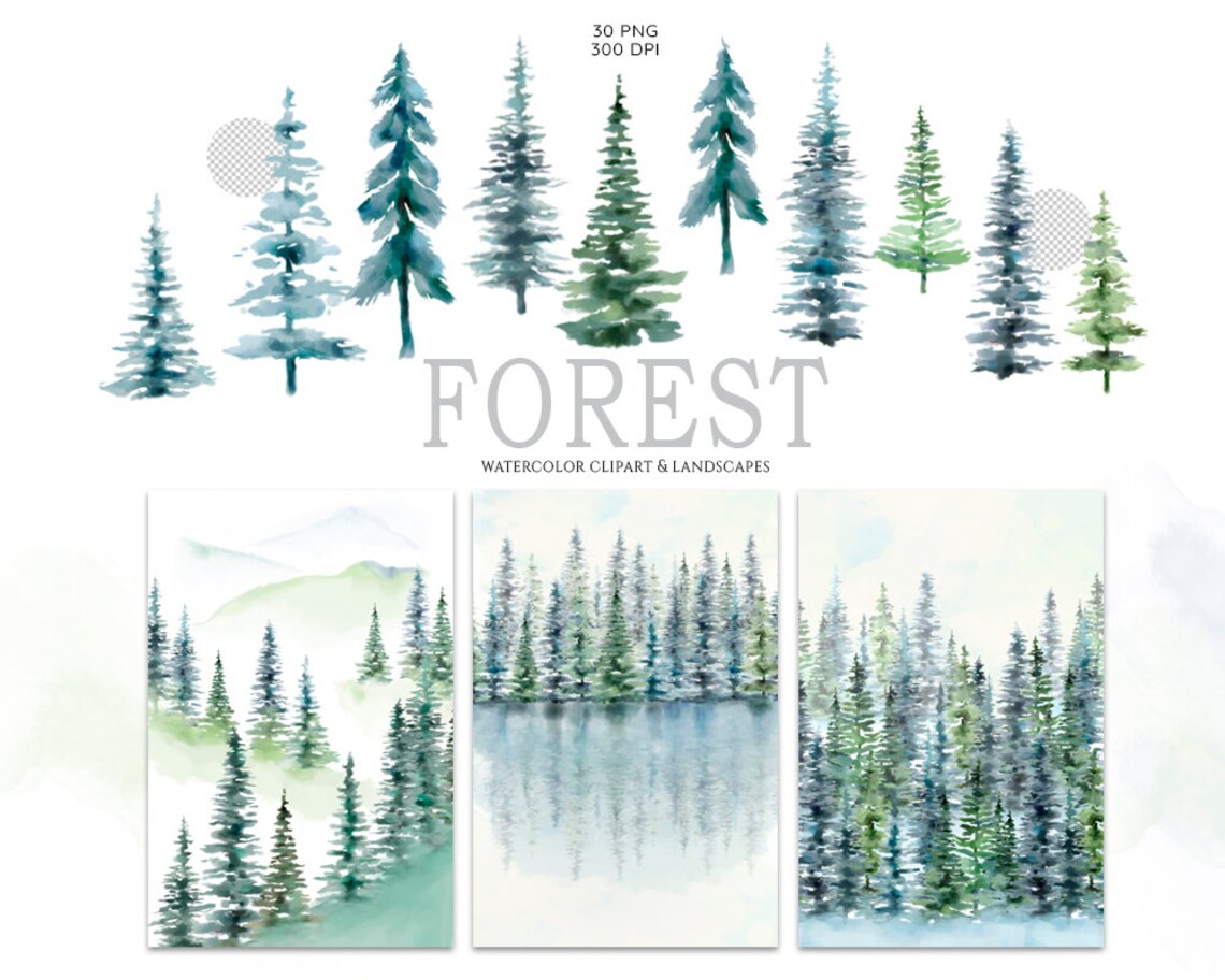 Watercolor Forest Clipart Trees Landscape Mountain Clipart - Etsy