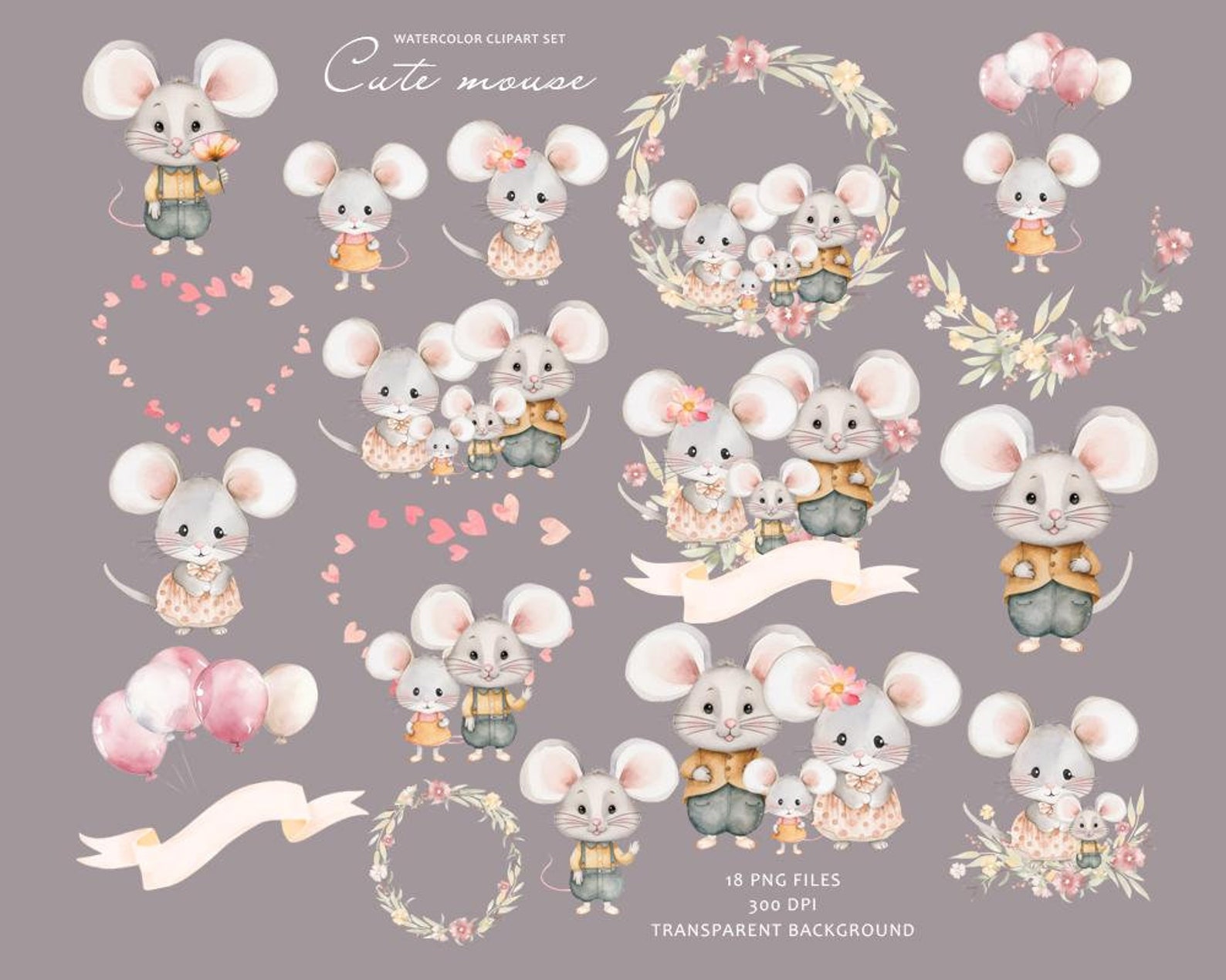 Watercolor Mouse Clipart, Newborn Baby, Nursery Clipart, Cute Mother ...