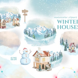 Winter Village Clipart, Christmas Landscape, Winter Clipart, Mountain ...