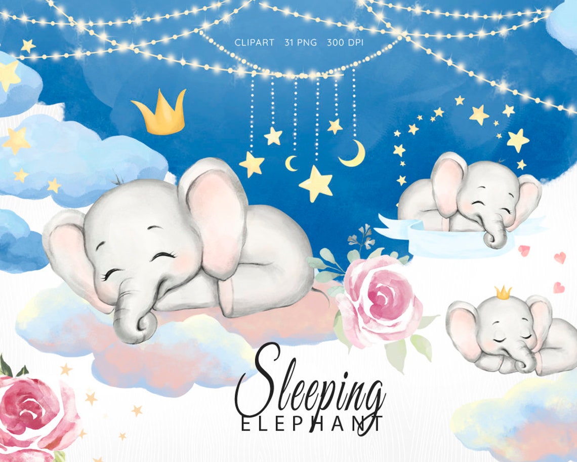 Sleeping Elephant Clipart Baby Animals Watercolor Elephant | Etsy