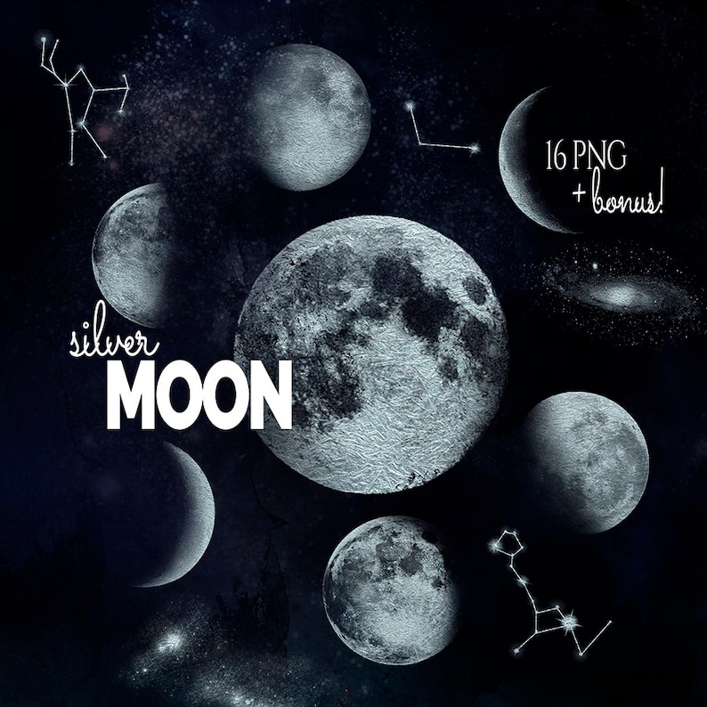 Silver Moon Clipart, Moon Phases Clipart, Night Sky Background, Stars ...