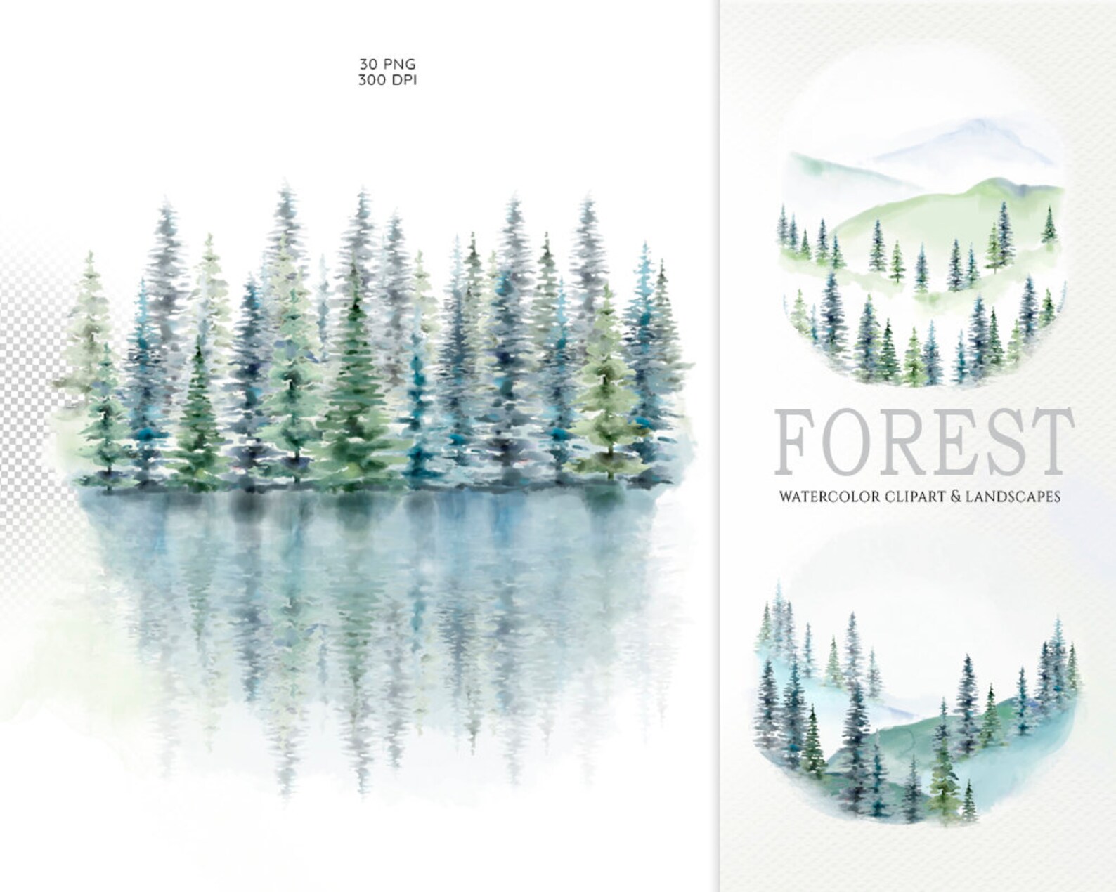 Watercolor Forest Clipart Trees Landscape Mountain Clipart - Etsy