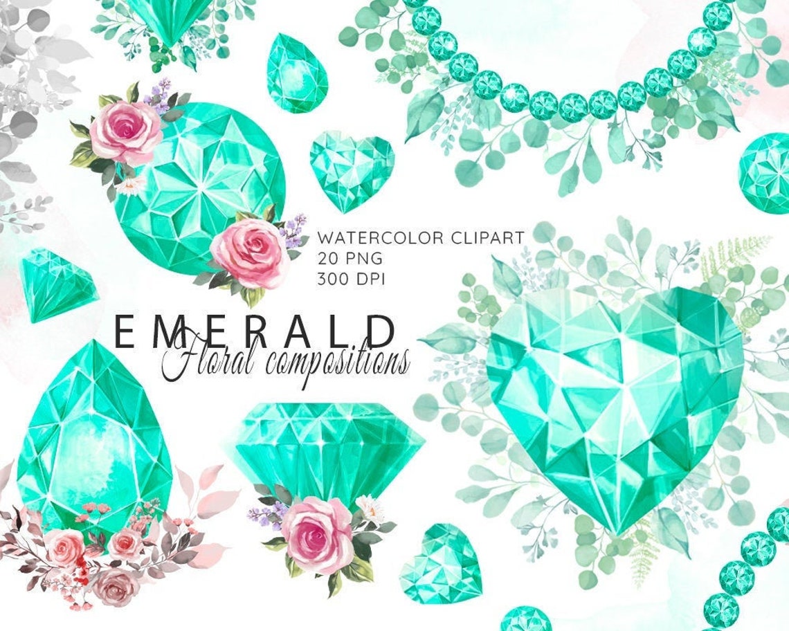 Emerald Clipart Watercolor Diamonds Floral Sapphire Clip - Etsy