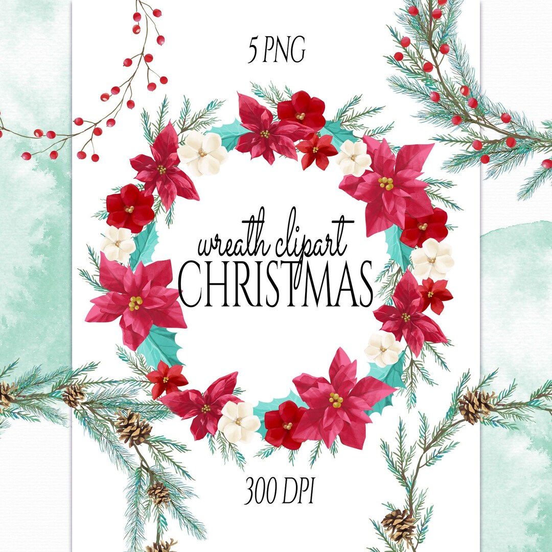 Christmas Wreath Clipart, Watercolor Holly Clip Art, Winter Wreath ...