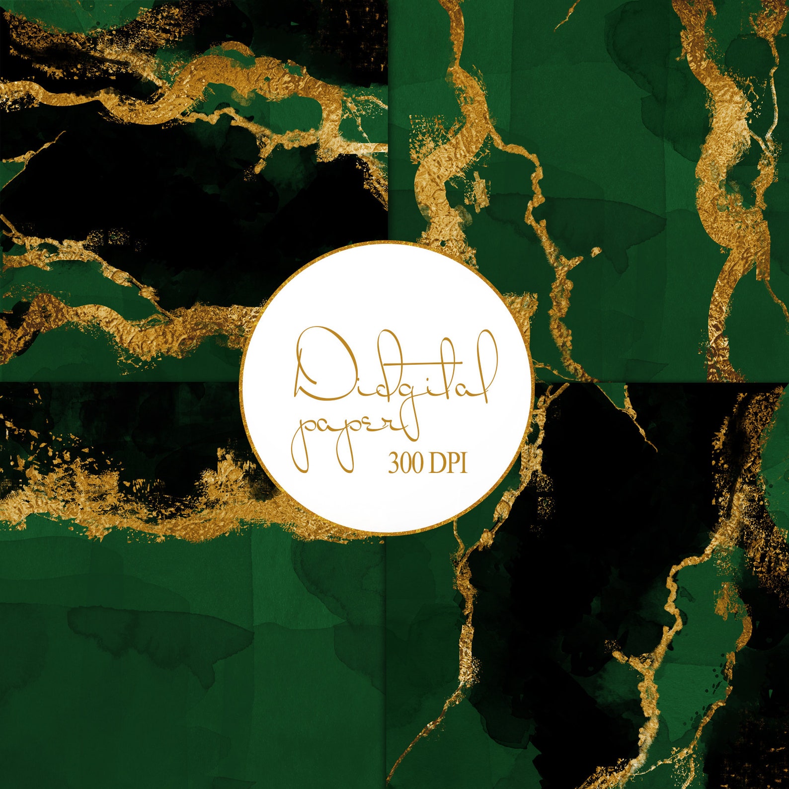 Emerald Green Watercolor Digital Paper, Gold Foil Papers, Gold Veins ...