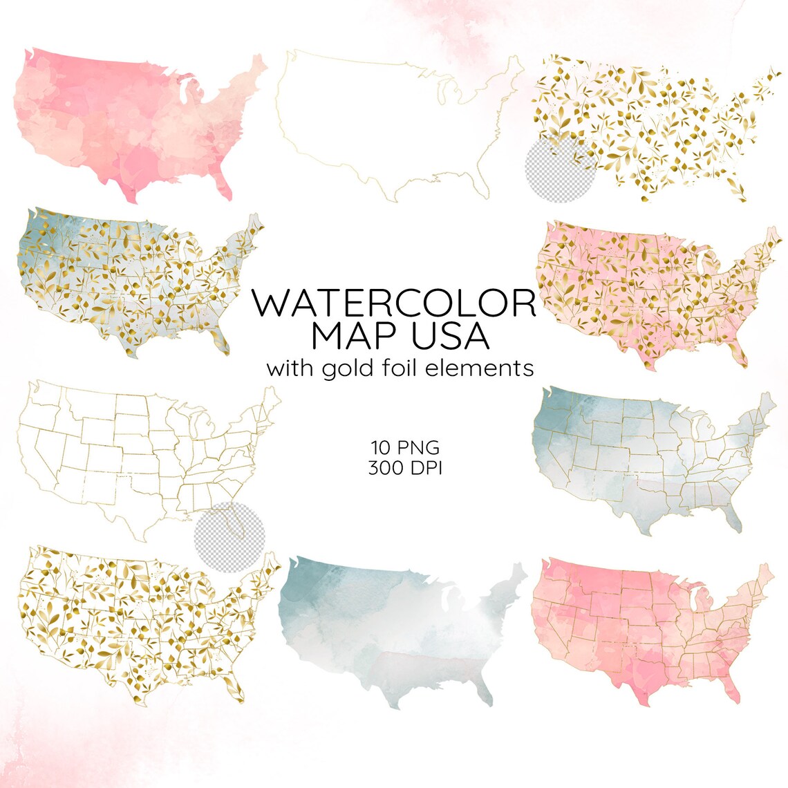 Watercolor USA Map Clipart Watercolor United States Map Gold - Etsy