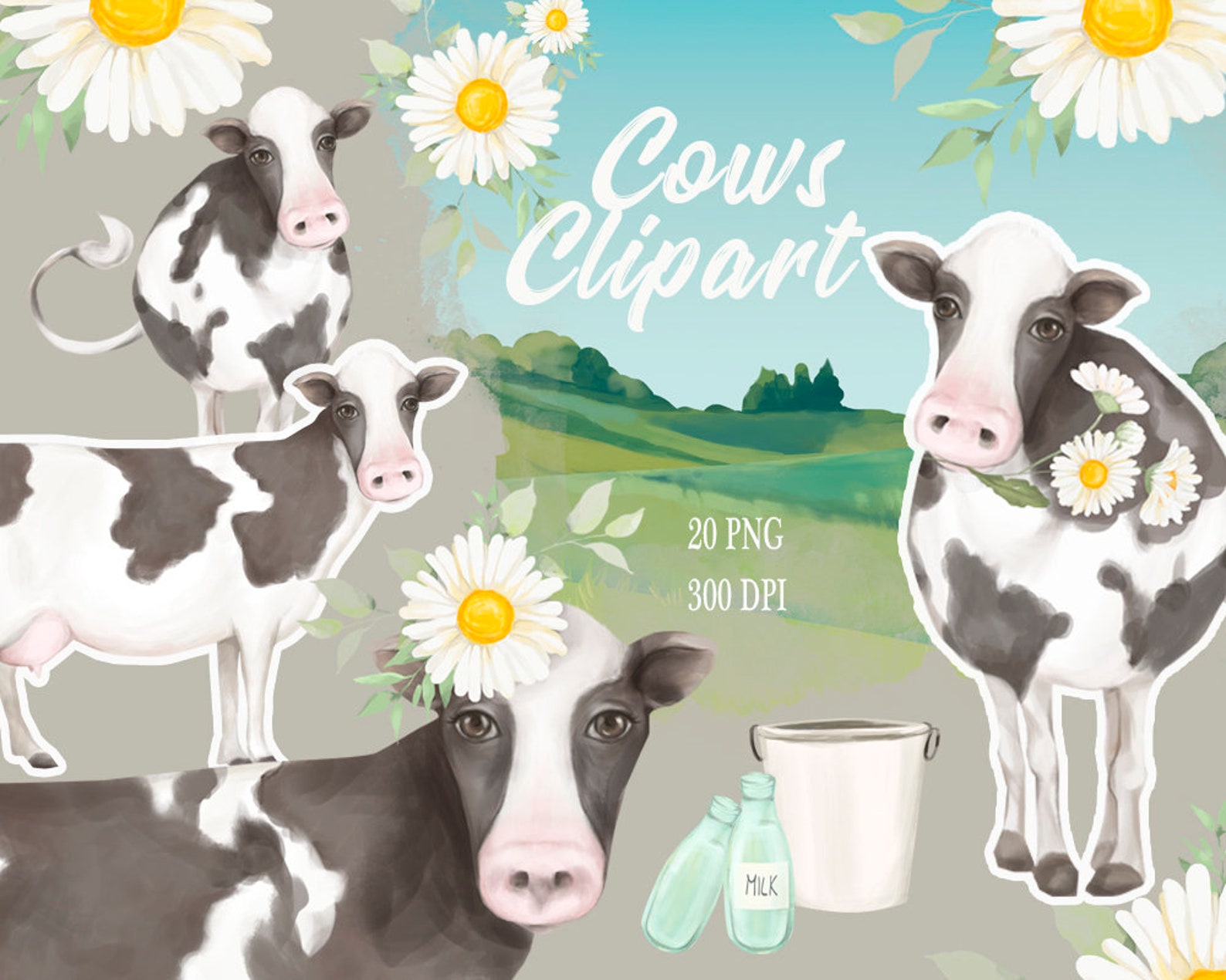 Watercolor Cow Clipart Watercolor Heifer Cute Cows Clip Art | Etsy