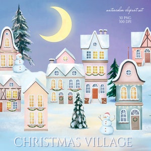 Christmas Village Clipart, Winter Town, Watercolor Houses, Christmas ...