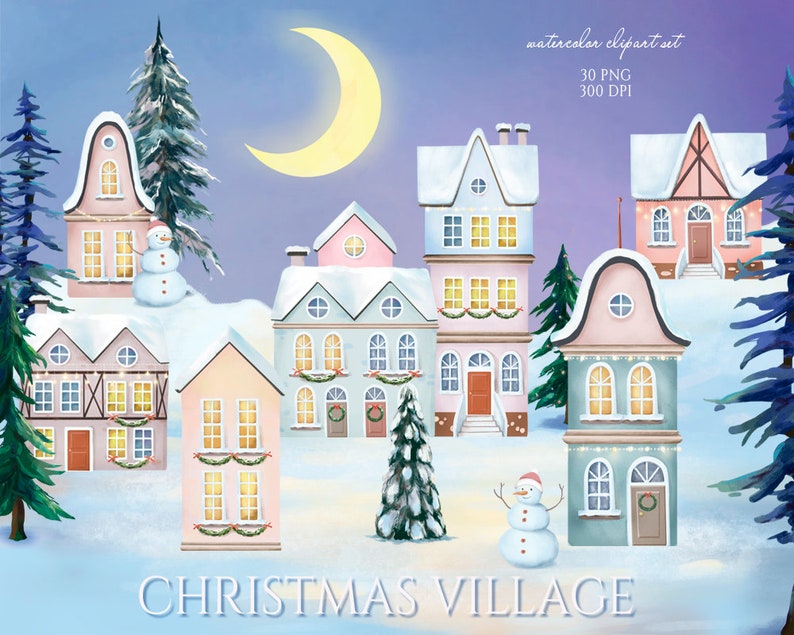 Christmas Village Clipart, Winter Town, Watercolor Houses, Christmas ...