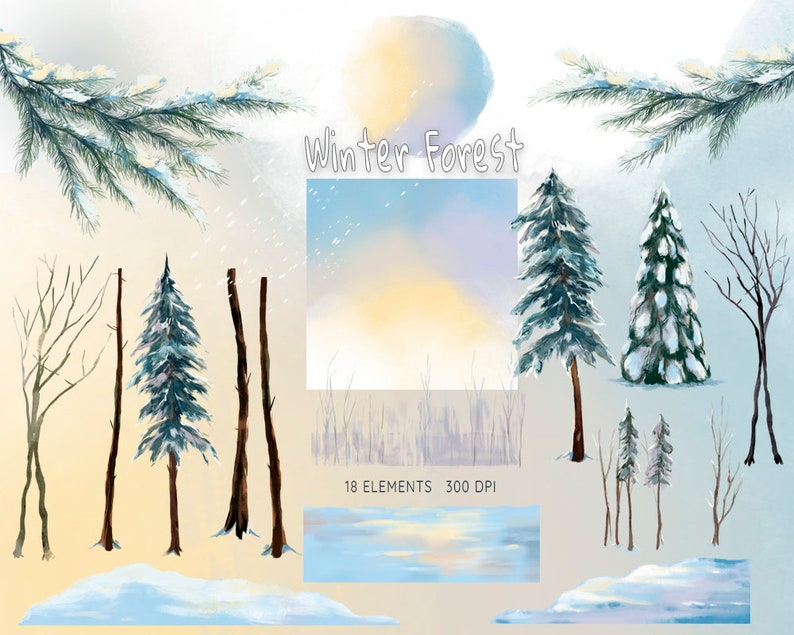 Winter Forest Clipart Woodland Landscape Pine Tree Clipart - Etsy