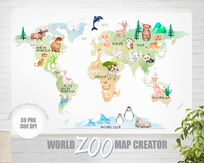 Animal World Map Creator Watercolor Map Clipart World Travel | Etsy