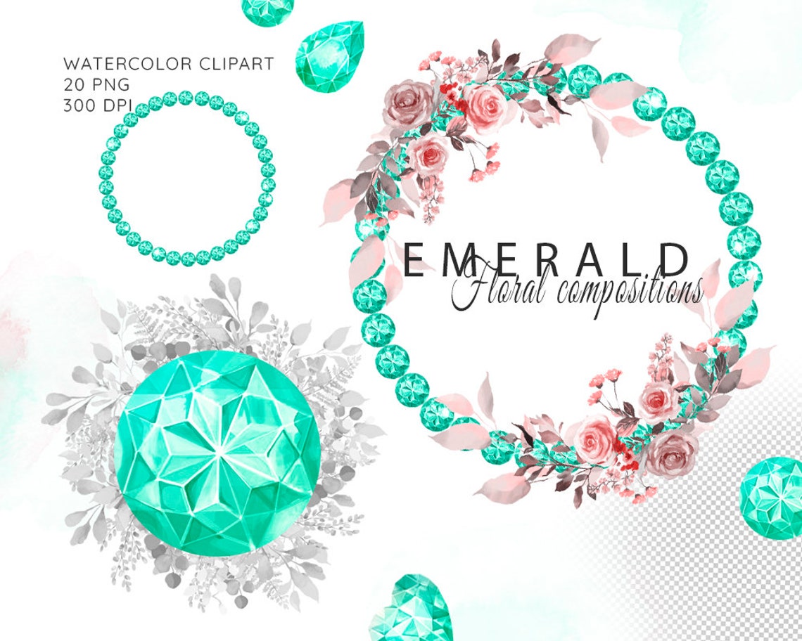 Emerald Clipart Watercolor Diamonds Floral Sapphire Clip - Etsy