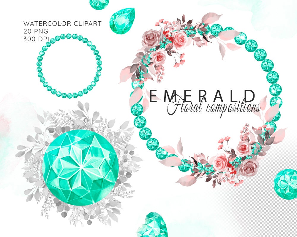 Emerald Clipart Watercolor Diamonds Floral Sapphire Clip - Etsy