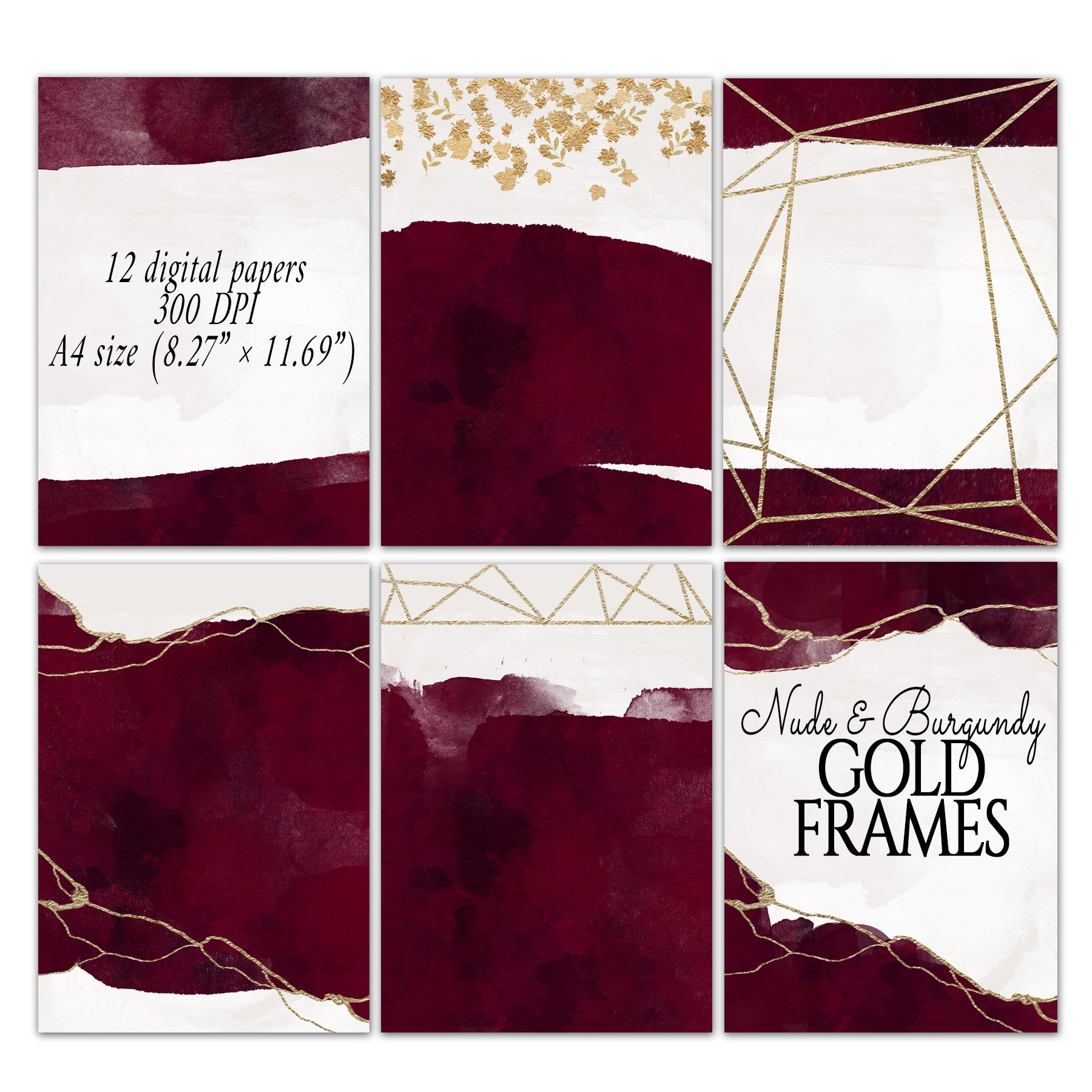Burgundy Watercolor Digital Paper Burgundy and Gold - Etsy