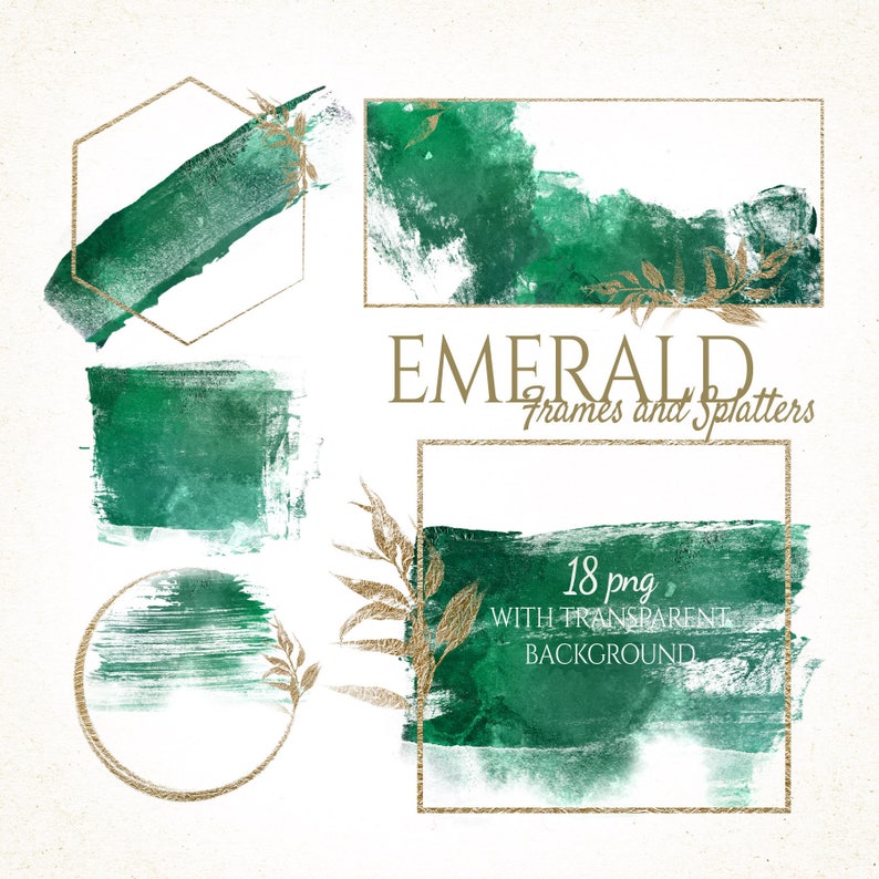 Emerald Watercolor Brush Strokes in Gold Foil Frames, Gold Frame ...