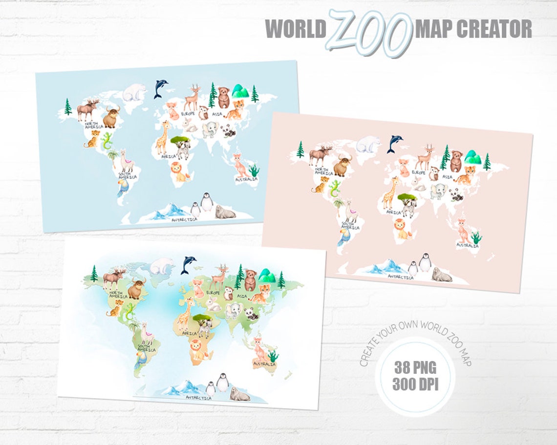 Animal World Map Creator Watercolor Map Clipart World Travel | Etsy