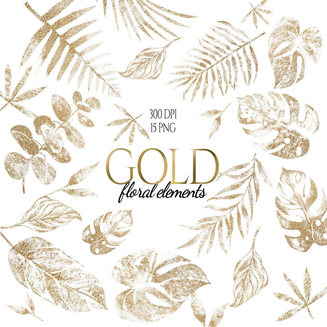 Gold Floral Elements Foil Leaves Clip Art Doodle Flower - Etsy