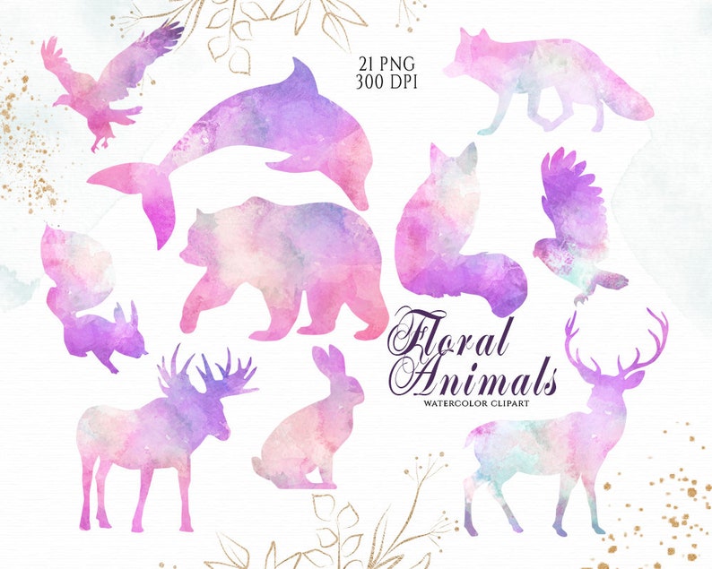 Watercolor Floral Animals, Silhouettes Clipart, Forest Animals, Flowers ...