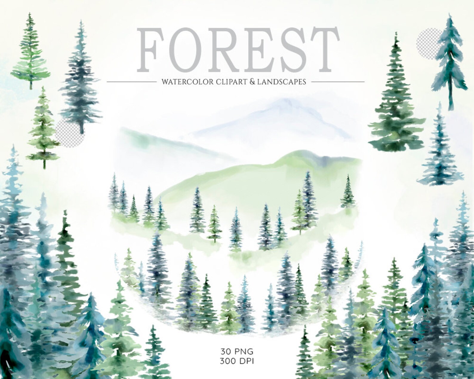 Watercolor Forest Clipart Trees Landscape Mountain Clipart - Etsy