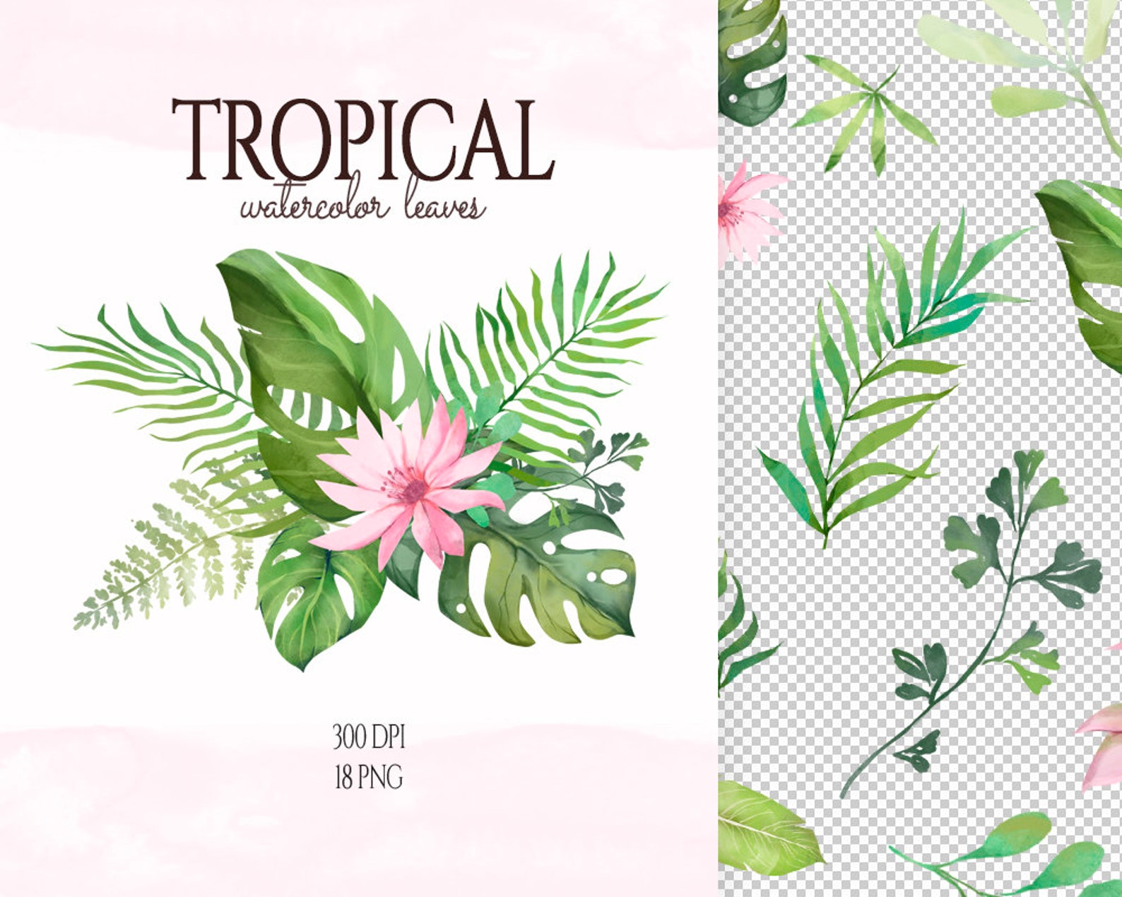 Tropical Foliage, Watercolor Leaves Clipart, Tropical Palm Leaf, Jungle ...