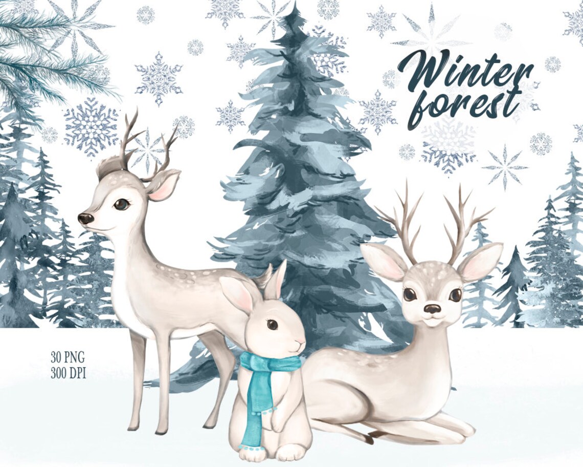 Woodland Winter Animals Clipart, Watercolor Christmas Animal, White ...