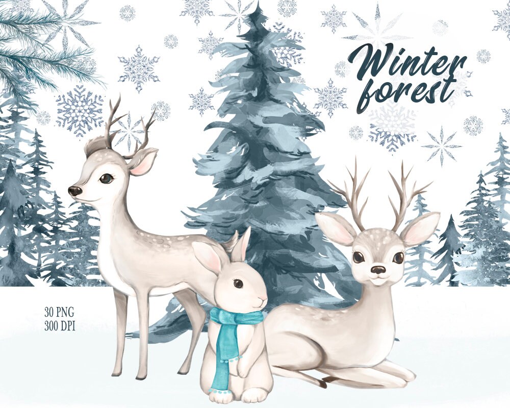 Woodland Winter Animals Clipart Watercolor Christmas Animal - Etsy