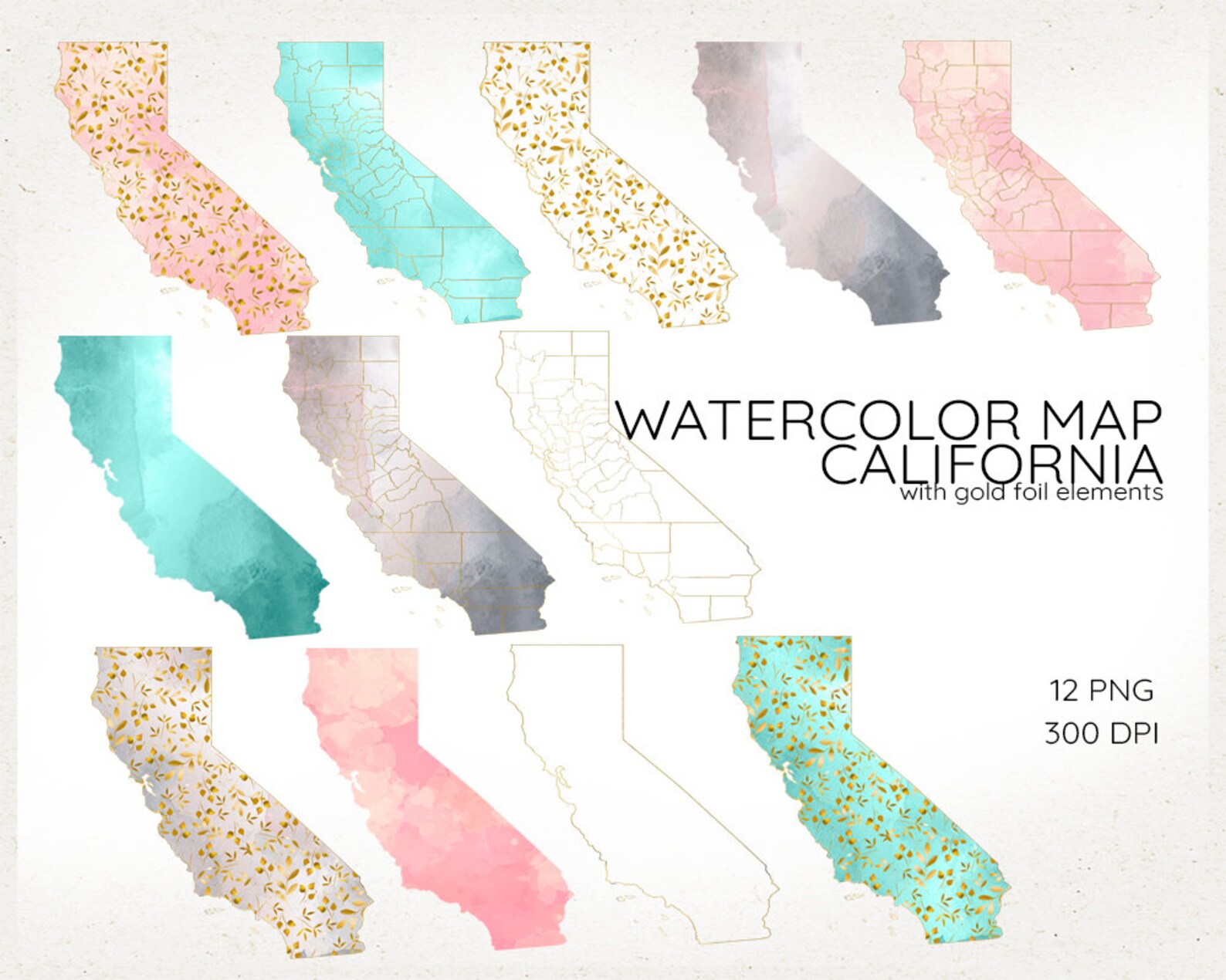 Watercolor California Map Clipart California Map With Gold - Etsy