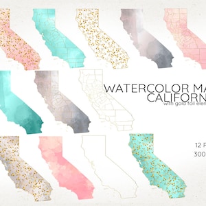 Watercolor California Map Clipart, California Map With Gold Foil Leaves ...