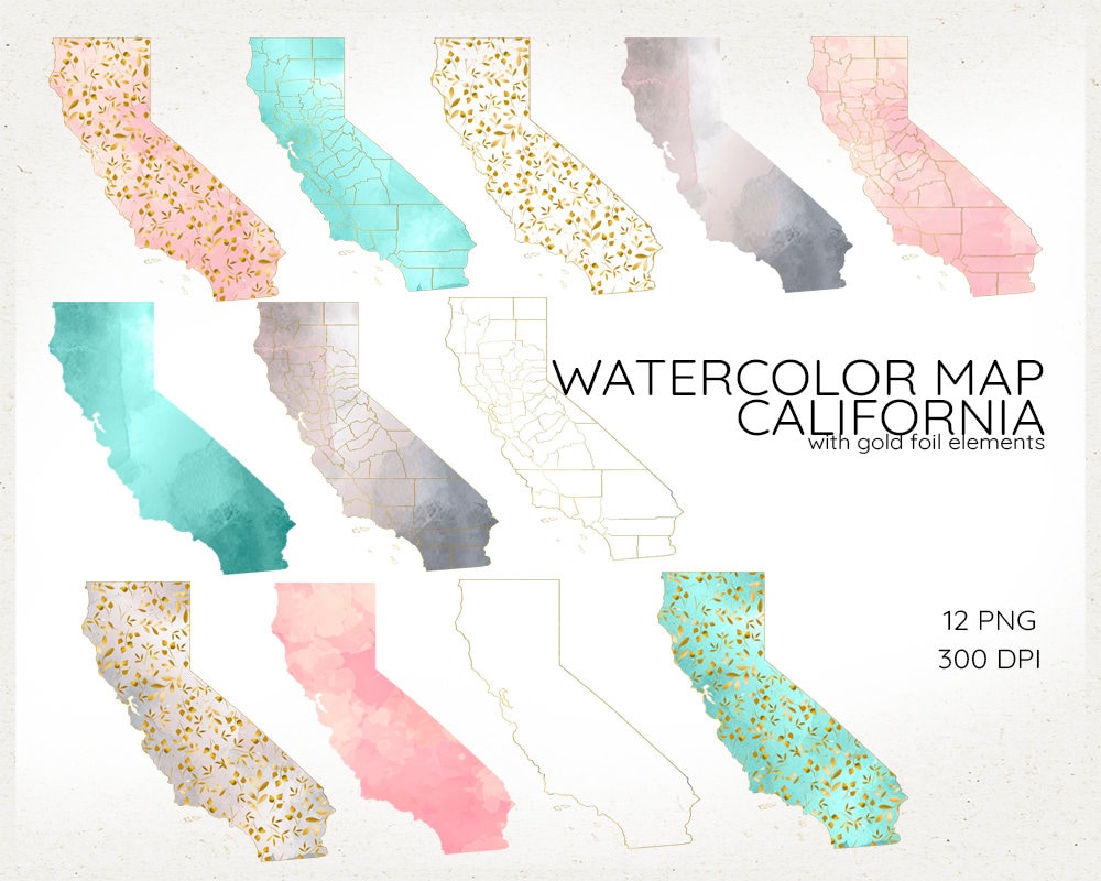 Watercolor California Map Clipart California Map With Gold - Etsy