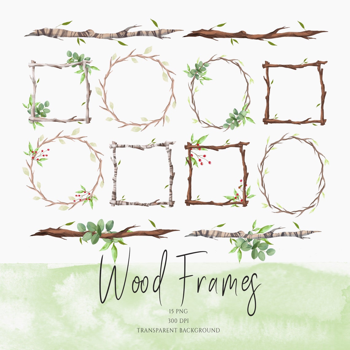 Watercolor Wood Frames, Tree Borders Clipart, Woodland Frames, Forest ...