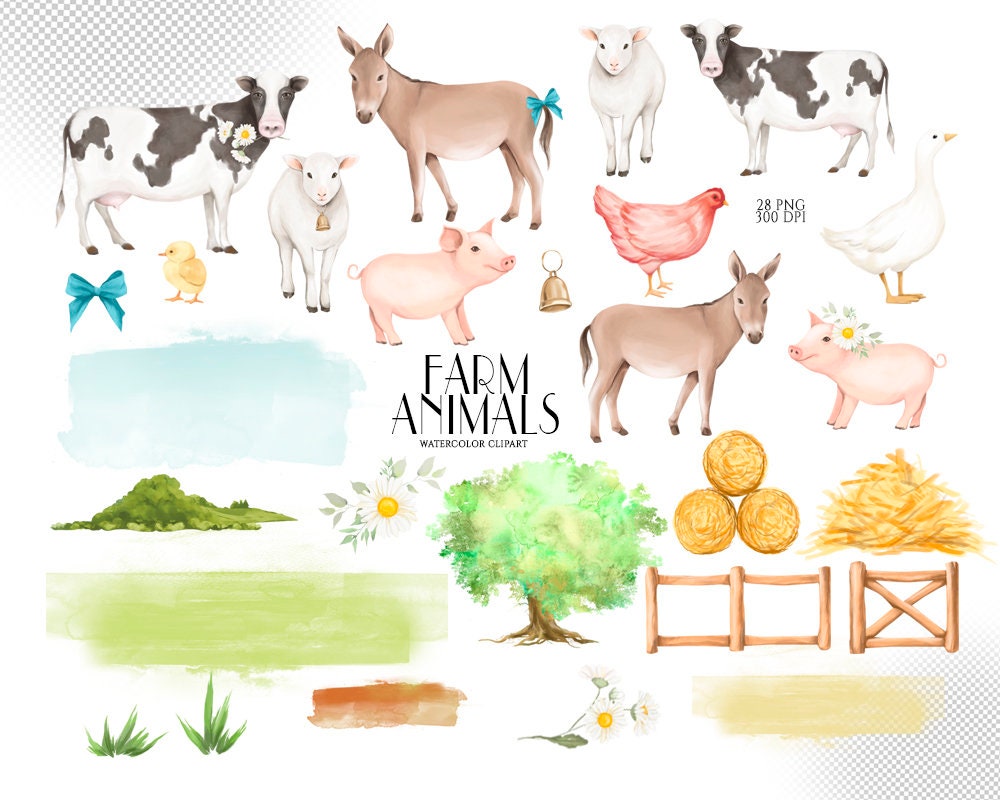 Watercolor Farm Animals Clip Art, Little Animal Clipart, Watercolor ...