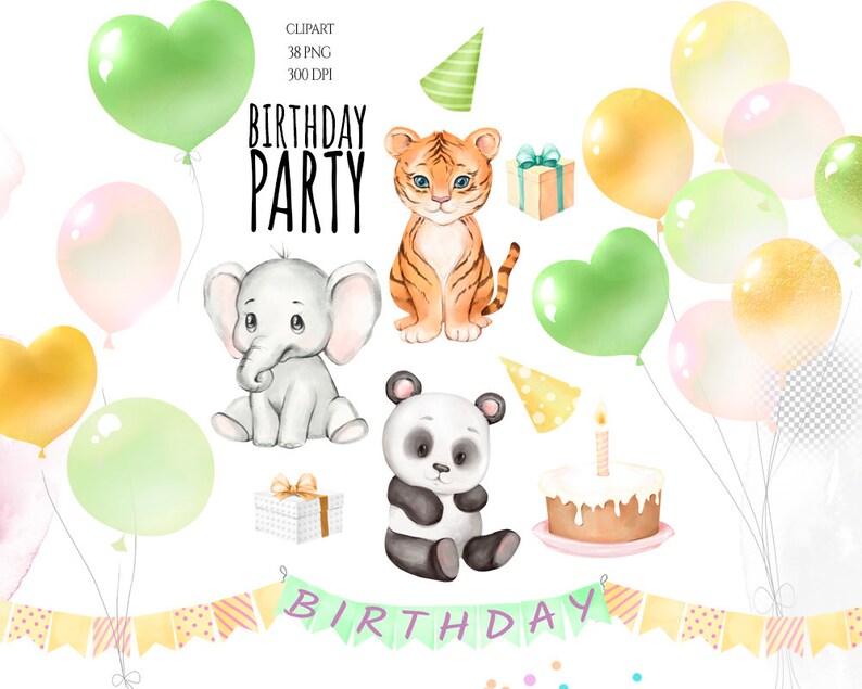 Party Animals Watercolor, Safari Animals Clipart, Elephant, Baby Shower ...